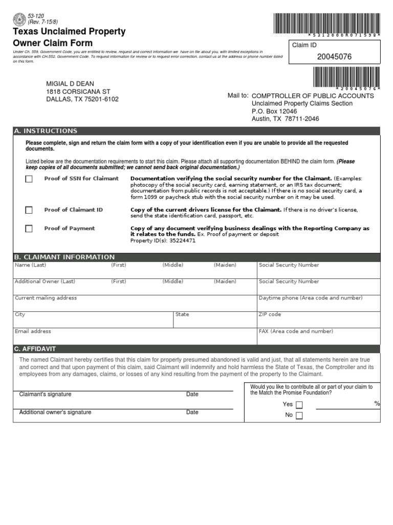 Texas Unclaimed Property Owner Claim Form | PDF | Social Security ...