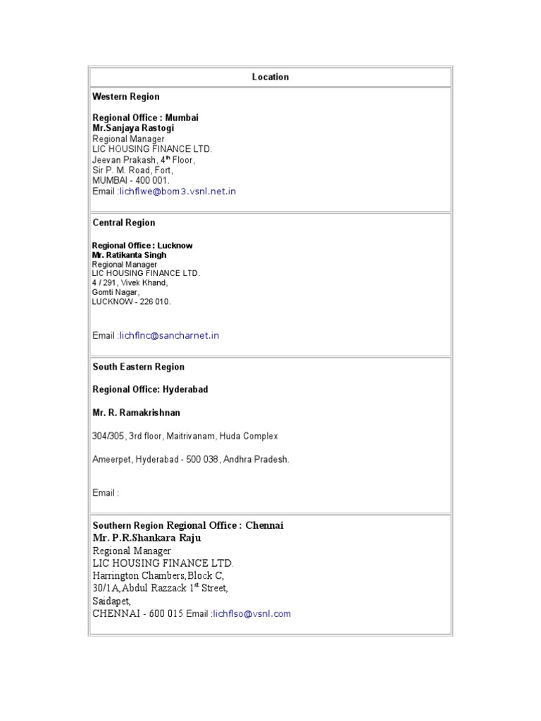 LIC Housing Finance Regional Offices | PDF | Violence