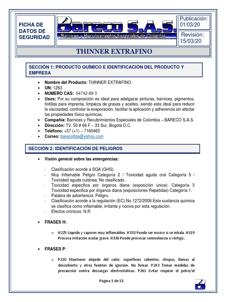 Ficha Tecnica Thinner Extrafino | PDF | Agua | Combustión