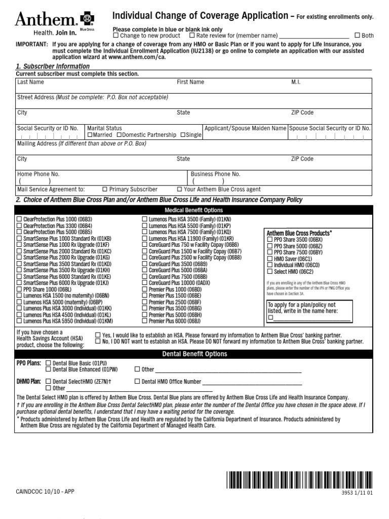 Anthem Individual Change of Coverage Application CA 2011 | PDF | Life ...
