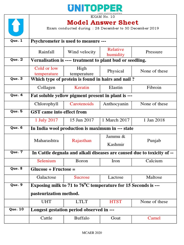 Model Answer Sheet: Relative Humidity | PDF | Rice | Ploidy