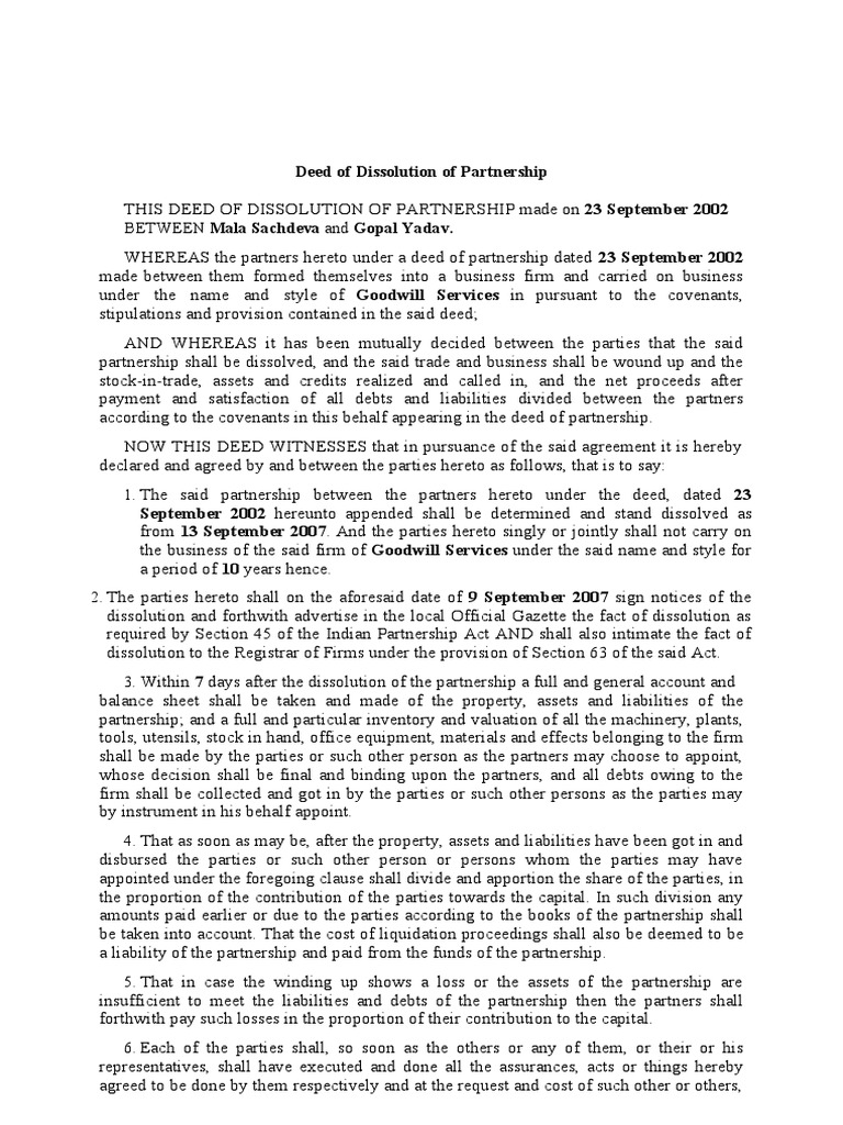 Partnership Dissolution Deed Format | PDF | Partnership | Deed