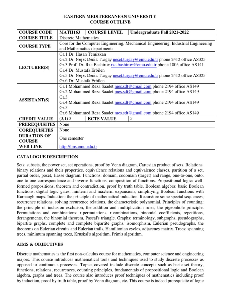 2021-2022 Fall MATH163 Course Outline | PDF | Discrete Mathematics | Function (Mathematics)