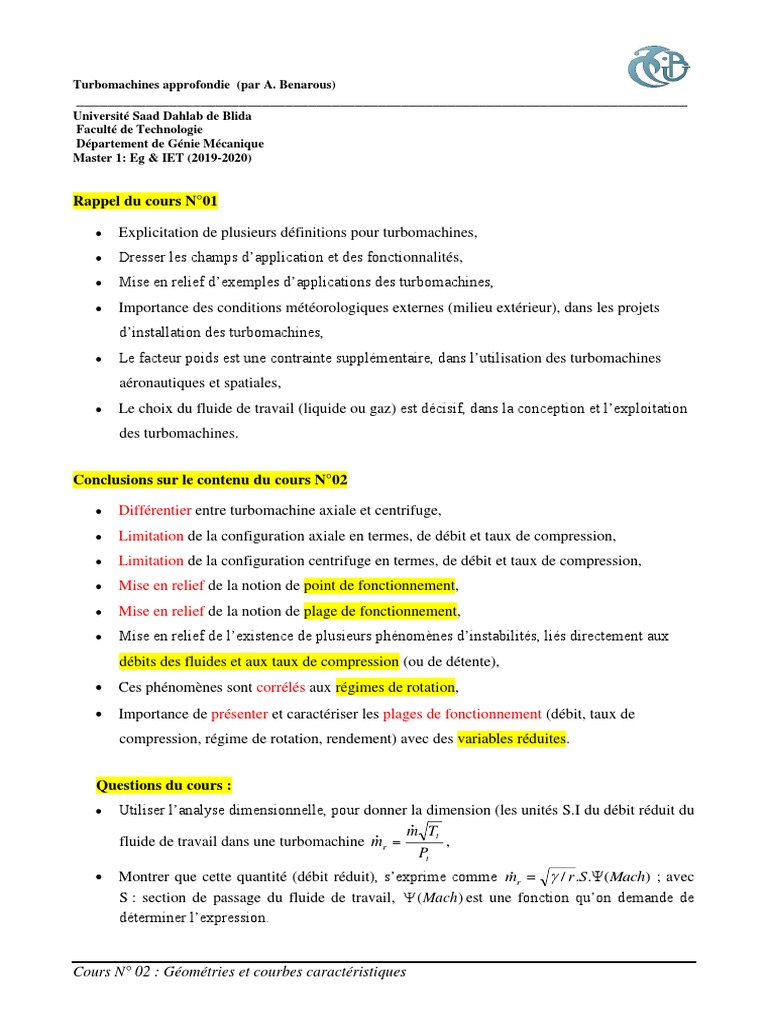 Fiche Technique Cours Turbomachines N°02 | PDF