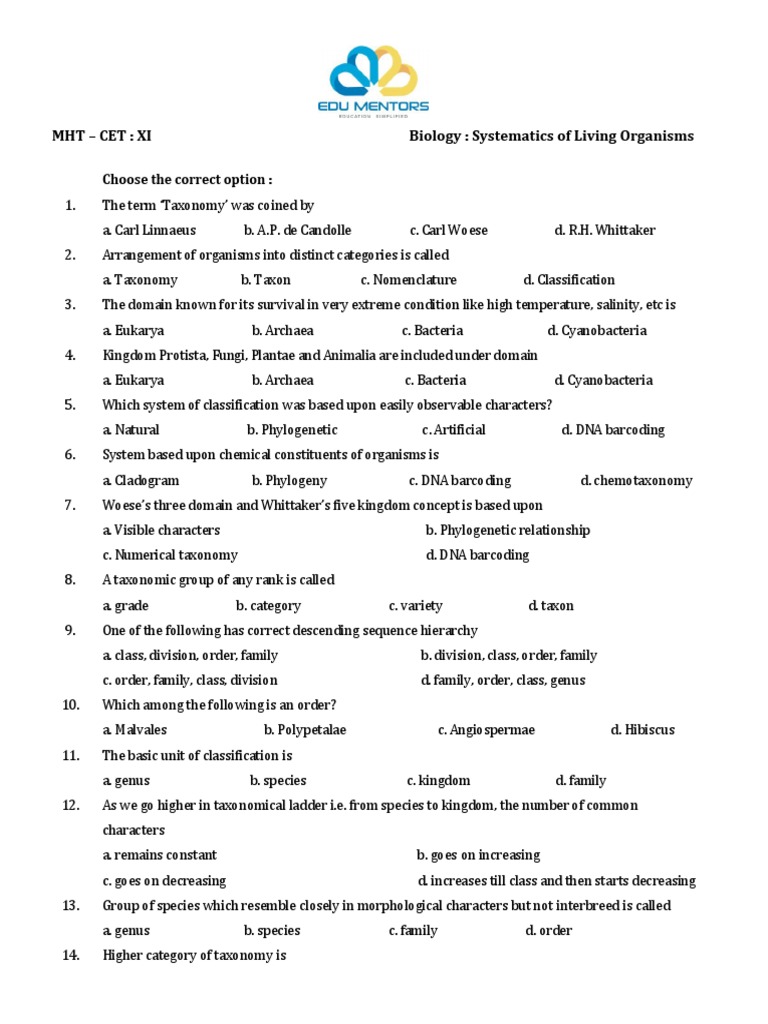 Biology Systematics Quiz | PDF | Taxonomy (Biology) | Fungus