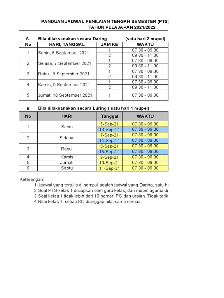 Jadwal PTS SD Kelas II-VI 2021/2022 | PDF