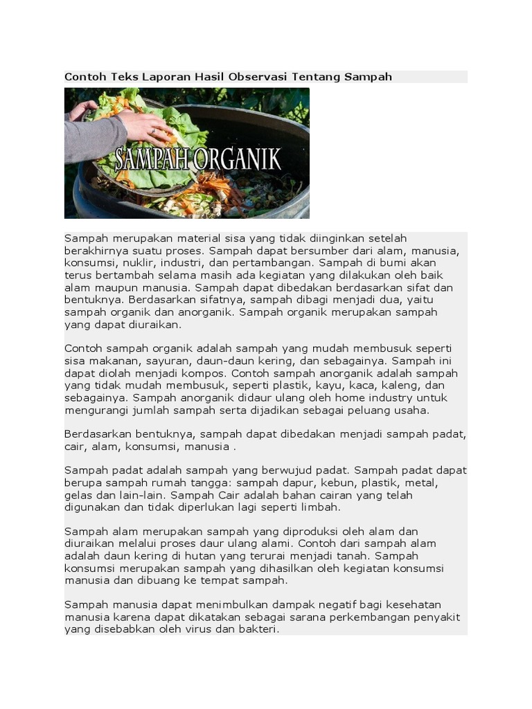 Contoh Teks Laporan Hasil Observasi Tentang Sampah | PDF