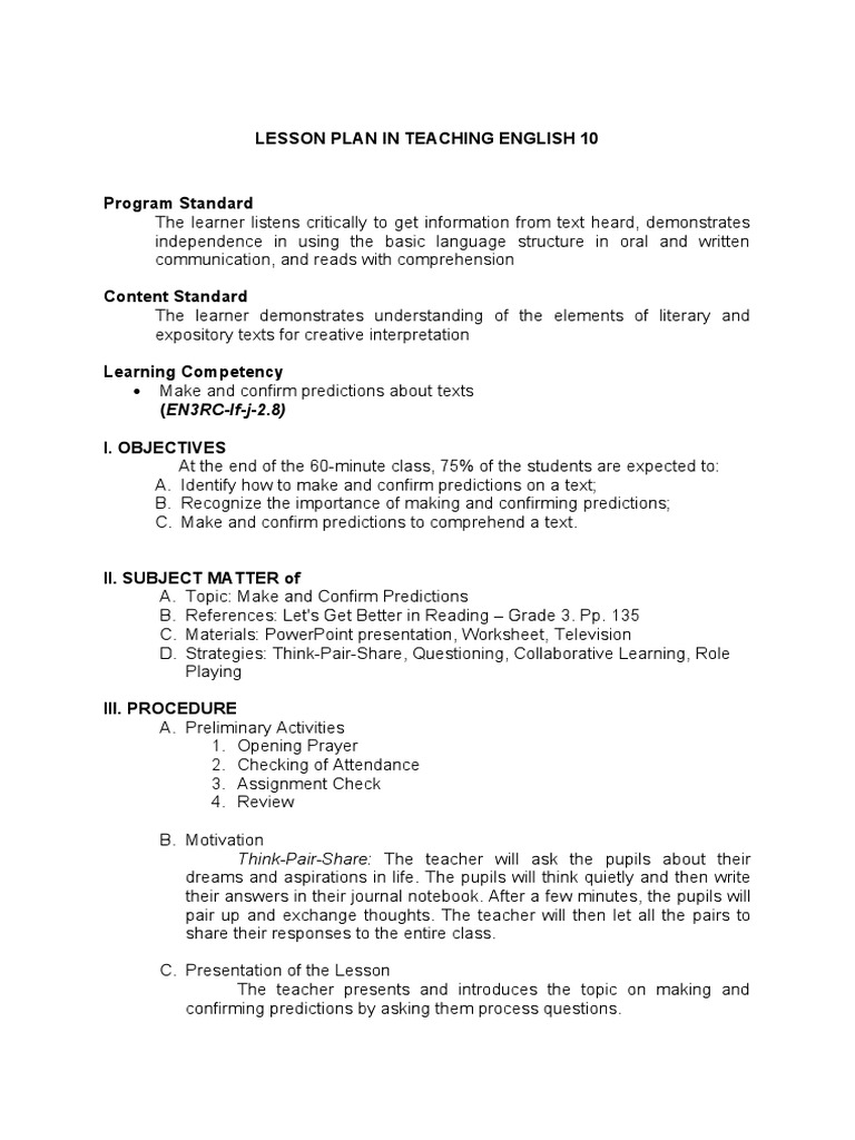 Lesson Plan in Teaching English 10: Think-Pair-Share: The Teacher Will ...