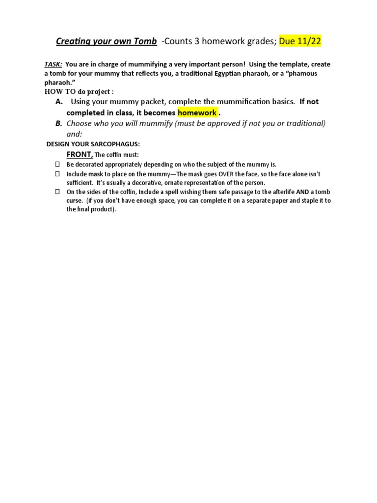 Egyptian Tomb Project Instructions | PDF | Mummy | Cultural Aspects Of ...