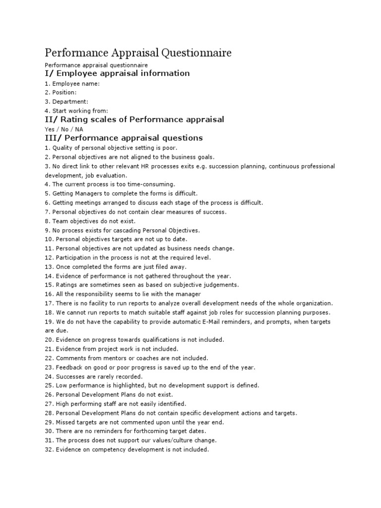 Performance Appraisal Questionnaire | PDF