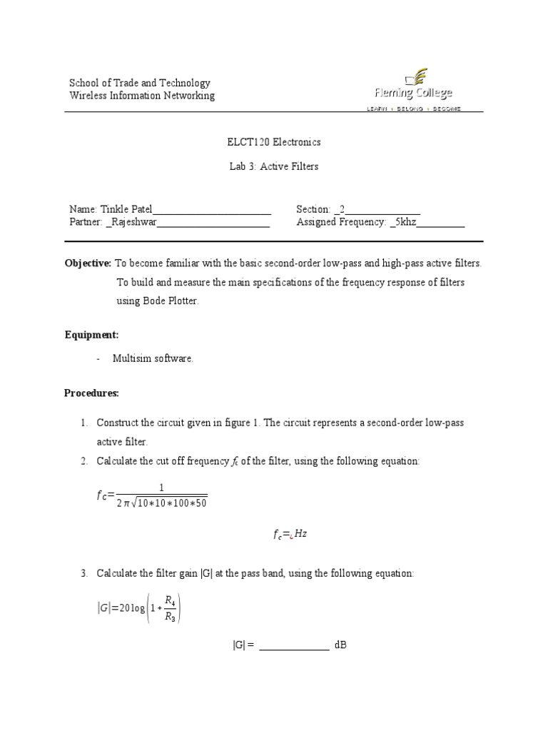 Lab 3 - Active Filter-Op Amp | PDF | Low Pass Filter | Electronic Filter