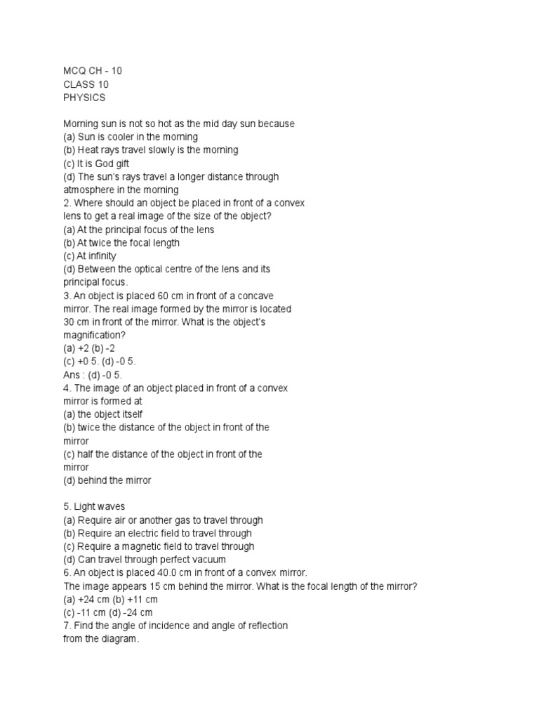 MCQ Class 10 Light | PDF | Mirror | Optics