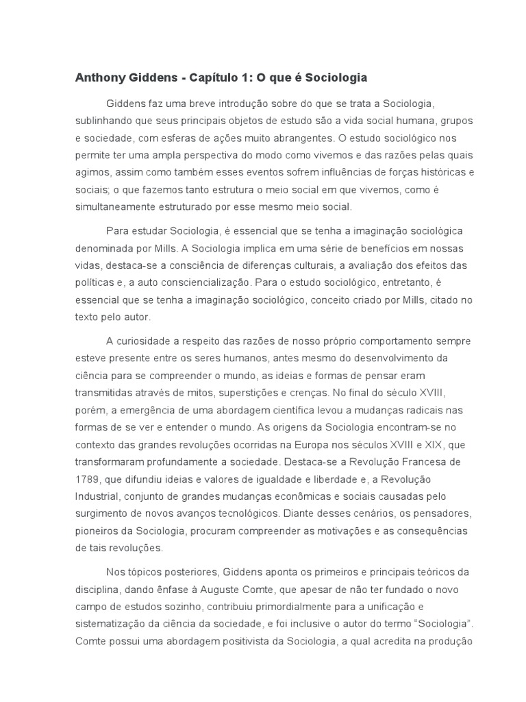 Resumo - O Que É Sociologia - Anthony Giddens | PDF | Sociologia | Émile Durkheim