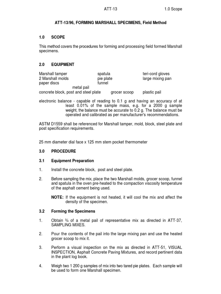 ATT-13/96, FORMING MARSHALL SPECIMENS, Field Method | PDF | Concrete ...