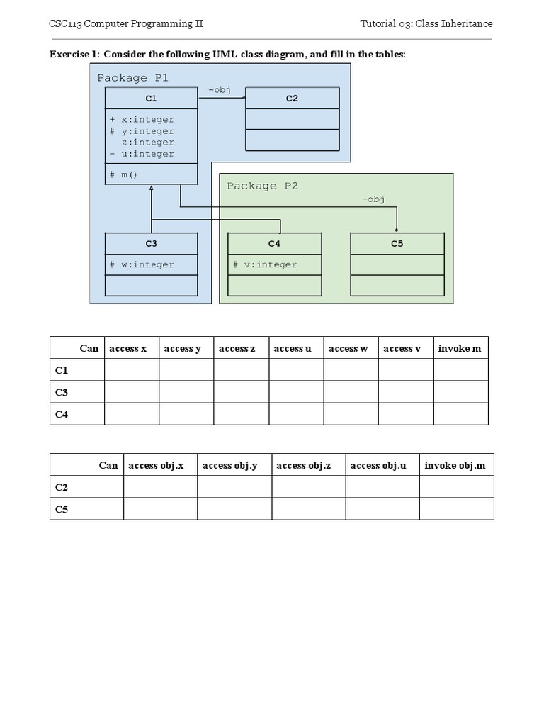 Exercise 1: Consider The Following UML Class Diagram, and Fill in The ...
