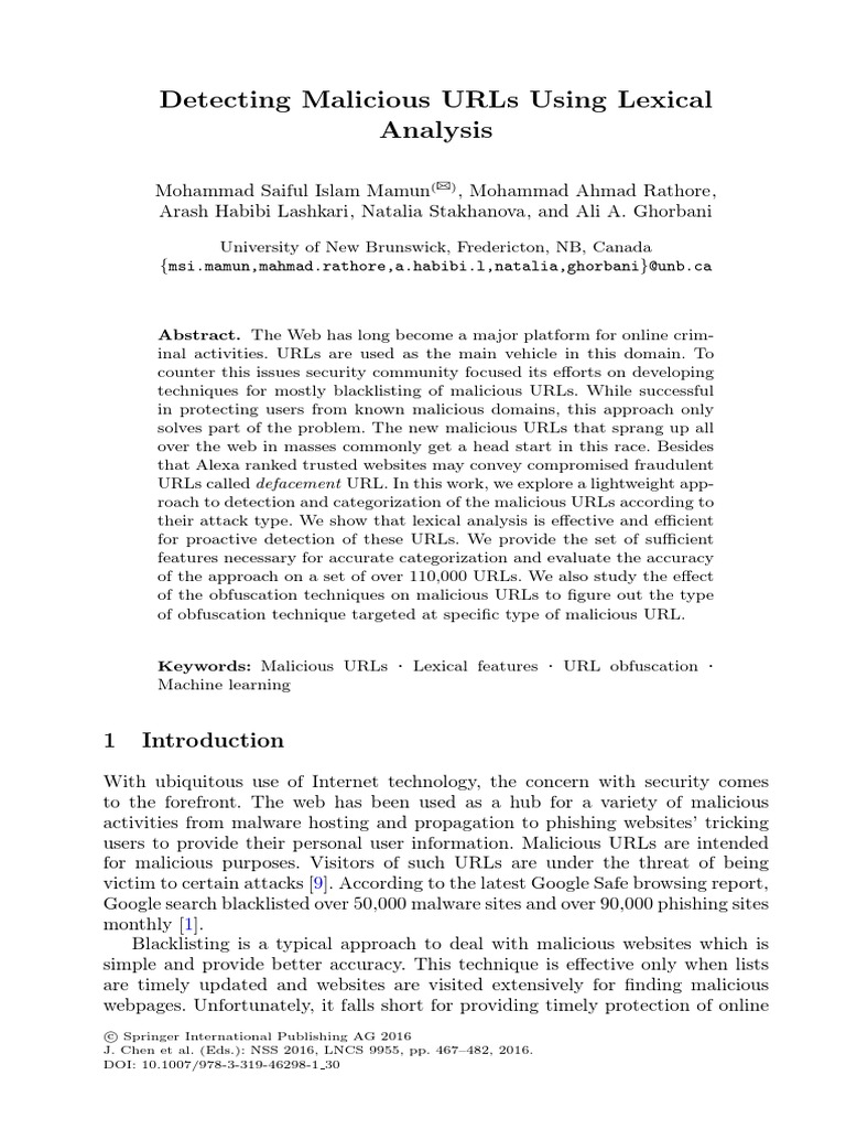 Detecting Malicious Urls Using Lexical Analysis: (Msi - Mamun, Mahmad - Rathore, A.Habibi.L ...