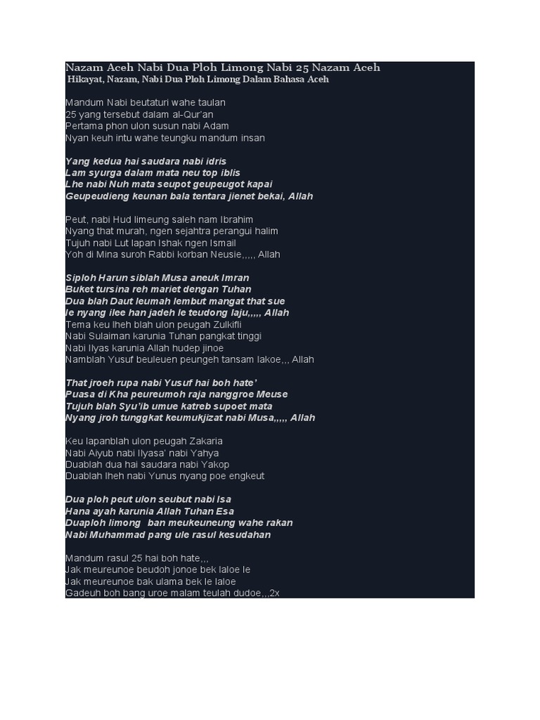 Nazam Aceh Nabi Dua Ploh Limong Nabi 25 Nazam Aceh | PDF