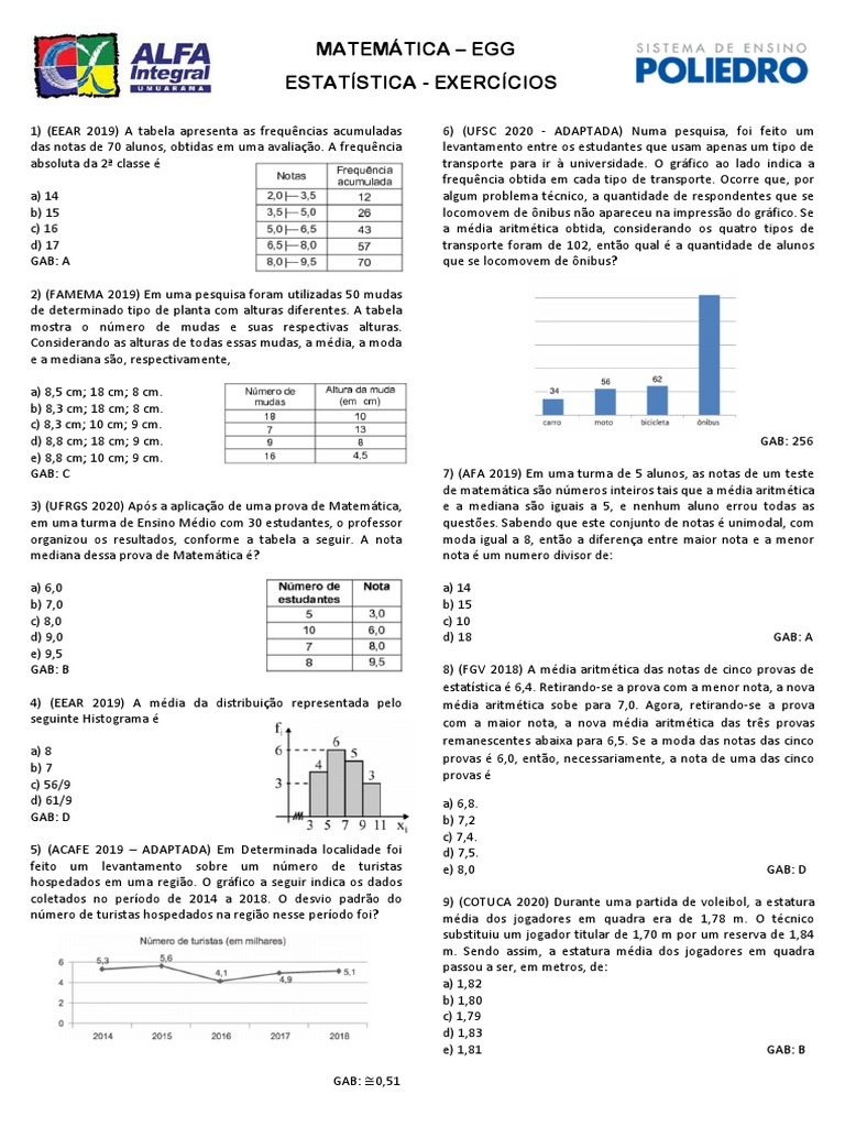 Frente 2 - Testes (Estatística - Exercícios) | PDF | Média | Mediana ...
