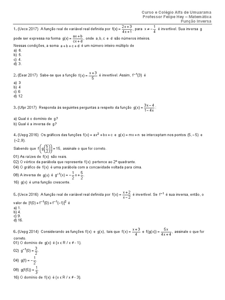 FRENTE 1 - Lista de Exercícios de Função Inversa | PDF | Função ...