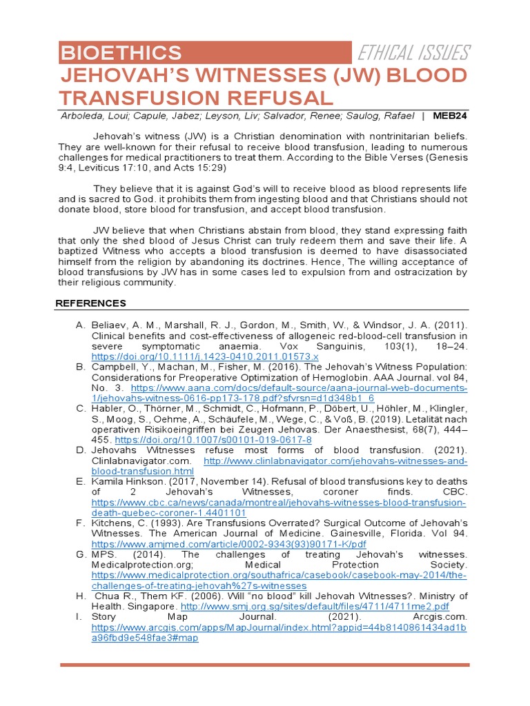 Jehovah'S Witnesses (JW) Blood Transfusion Refusal: Bioethics | PDF ...