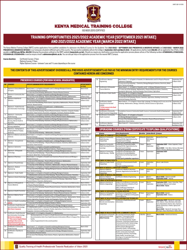 KMTC Advert For September 2021 and March 2022 Intakes | PDF | Nursing | Health Care