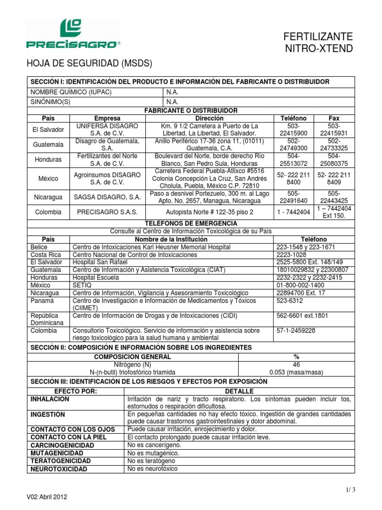 Hoja de seguridad para fertilizante Nitro-XTend: composición, riesgos ...