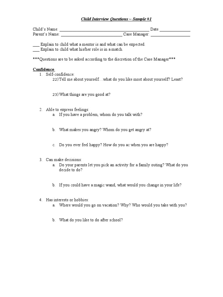 Confidence: Child Interview Questions Sample #1 | PDF | Sibling ...