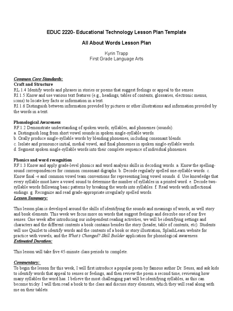 Kyrin Trapp 1st Grade Language Arts Lesson Plan | PDF | Phonics | Word