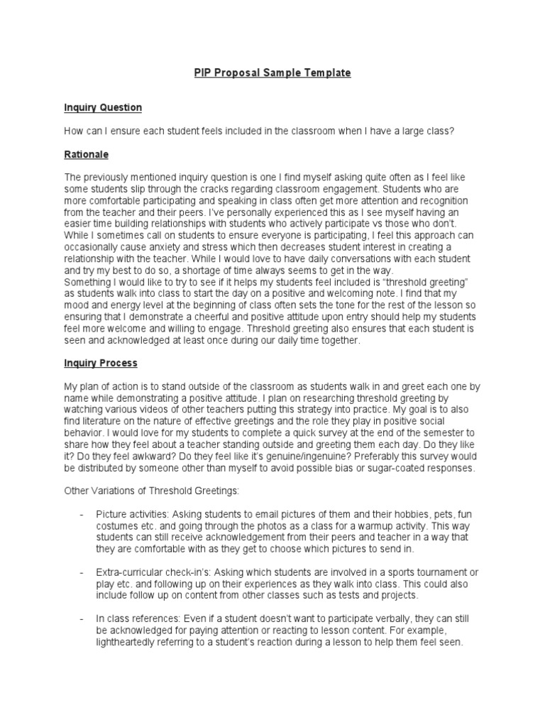 PIP Proposal Sample Template: Inquiry Question | PDF | Teachers | Classroom