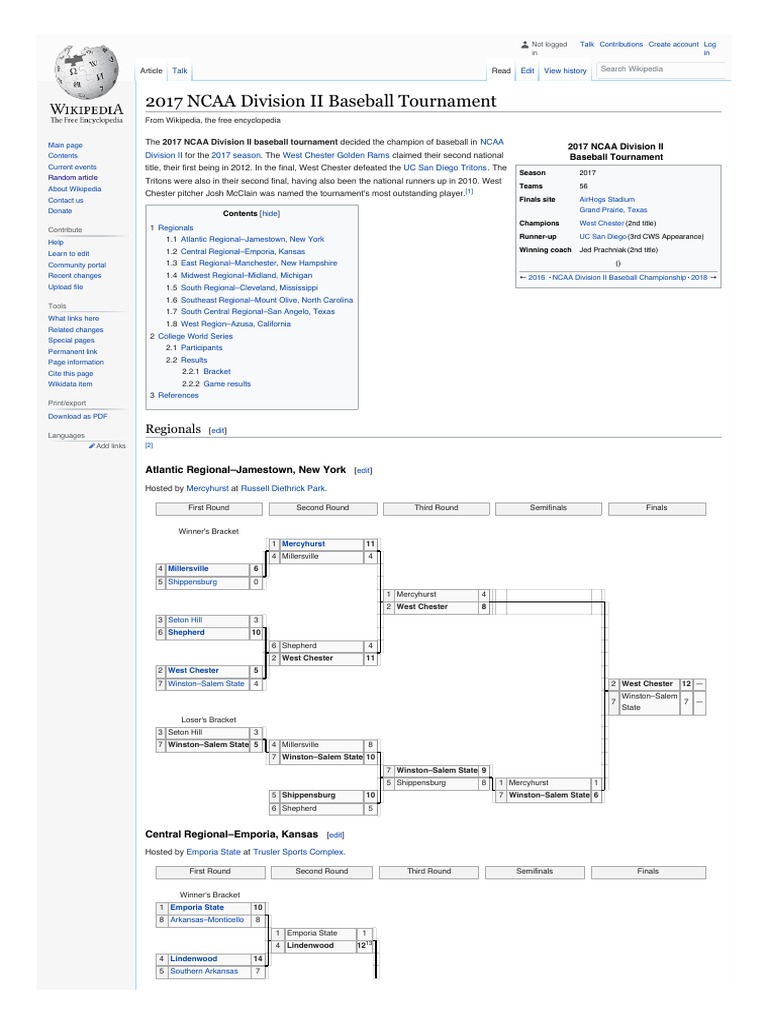 2017 NCAA Division II Baseball Tournament: Regionals | PDF | Wikipedia