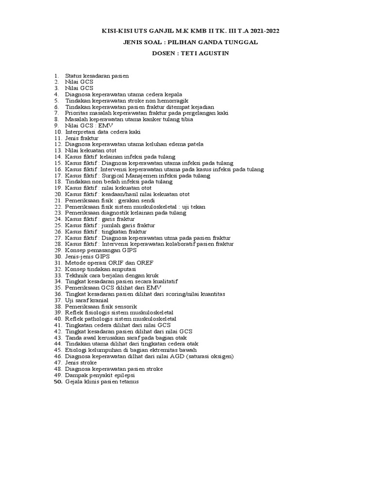 Kisi-Kisi Uts Ganjil KMB Ii TK Iii T.A 2021-2022 | PDF