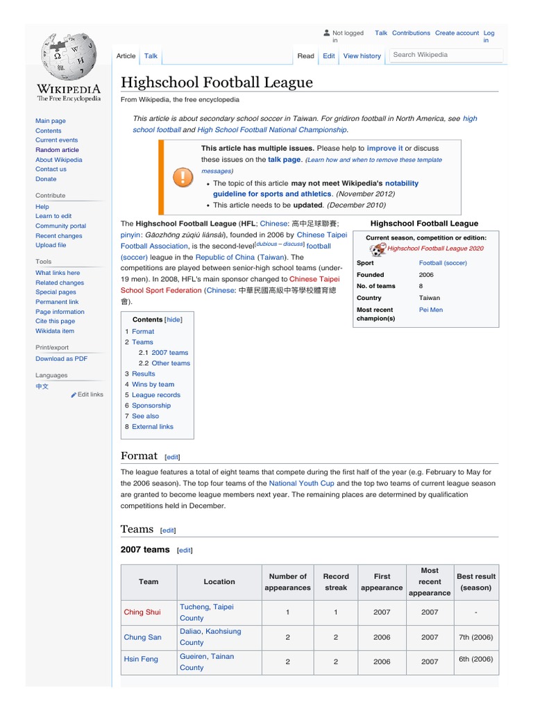Highschool Football League: Format | Download Free PDF | Wikipedia | Taiwan