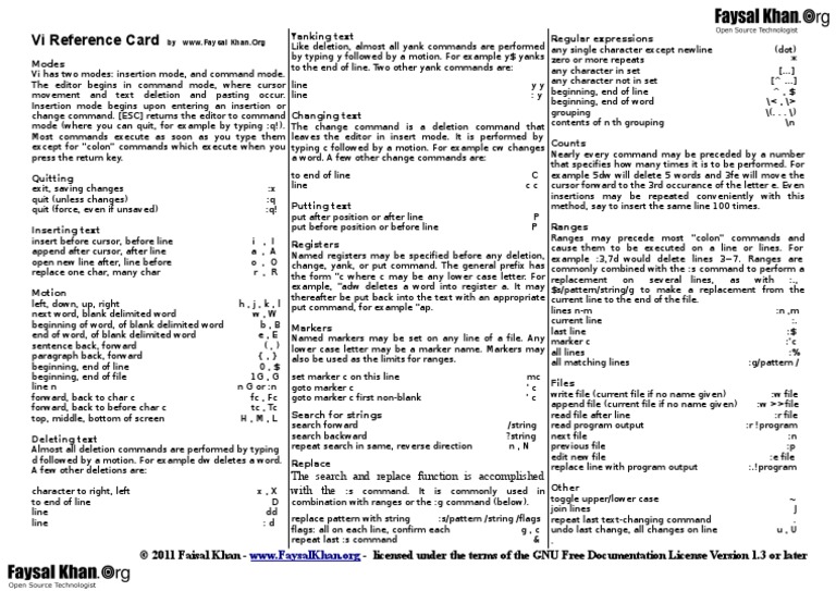 VI Reference Card | PDF | Computer Data | Computing