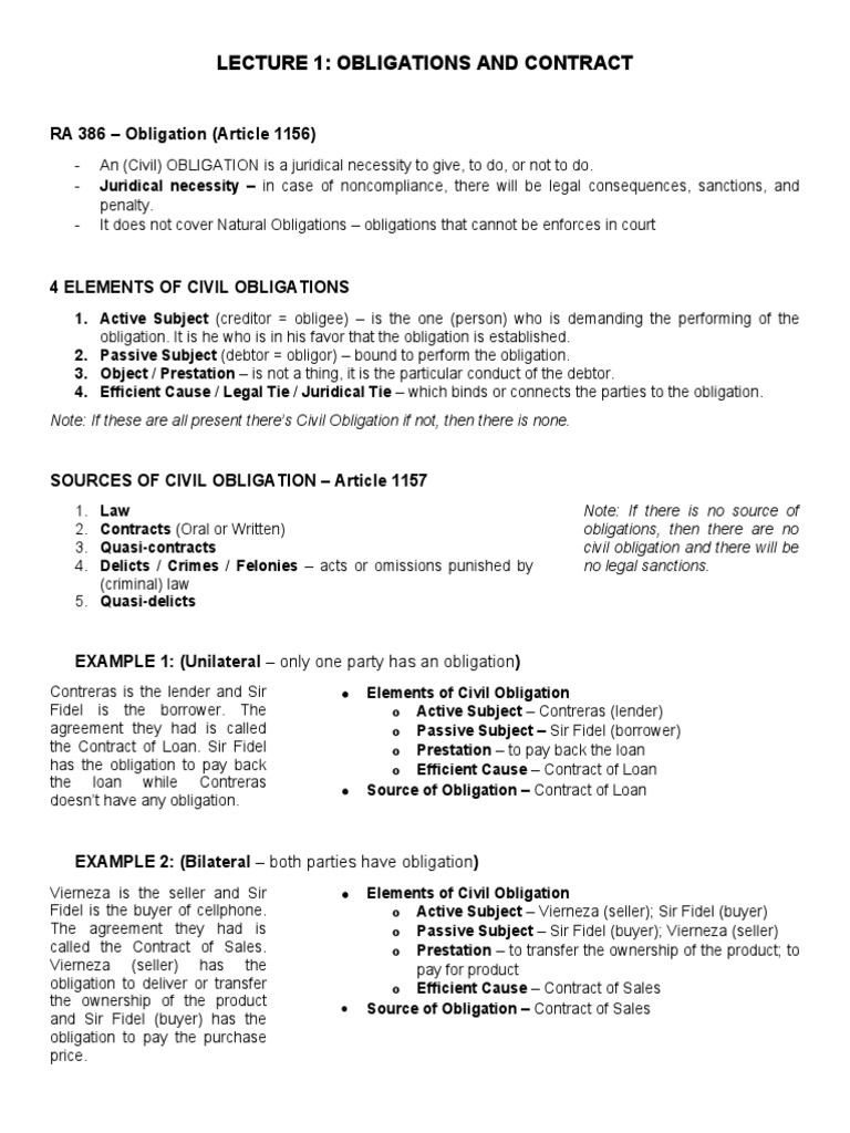 Lecture 1 - Obligation and Contracts | PDF | Law Of Obligations | Loans