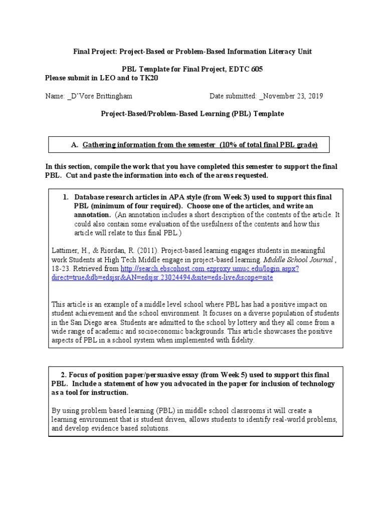 605 PBL Lesson Plan Final Project | PDF | Project Based Learning ...
