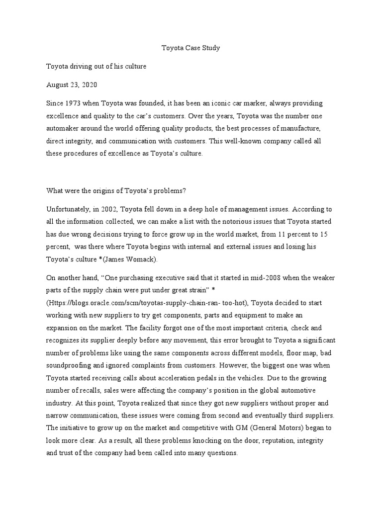 Toyota Case Study 1 Pdf Toyota Supply Chain