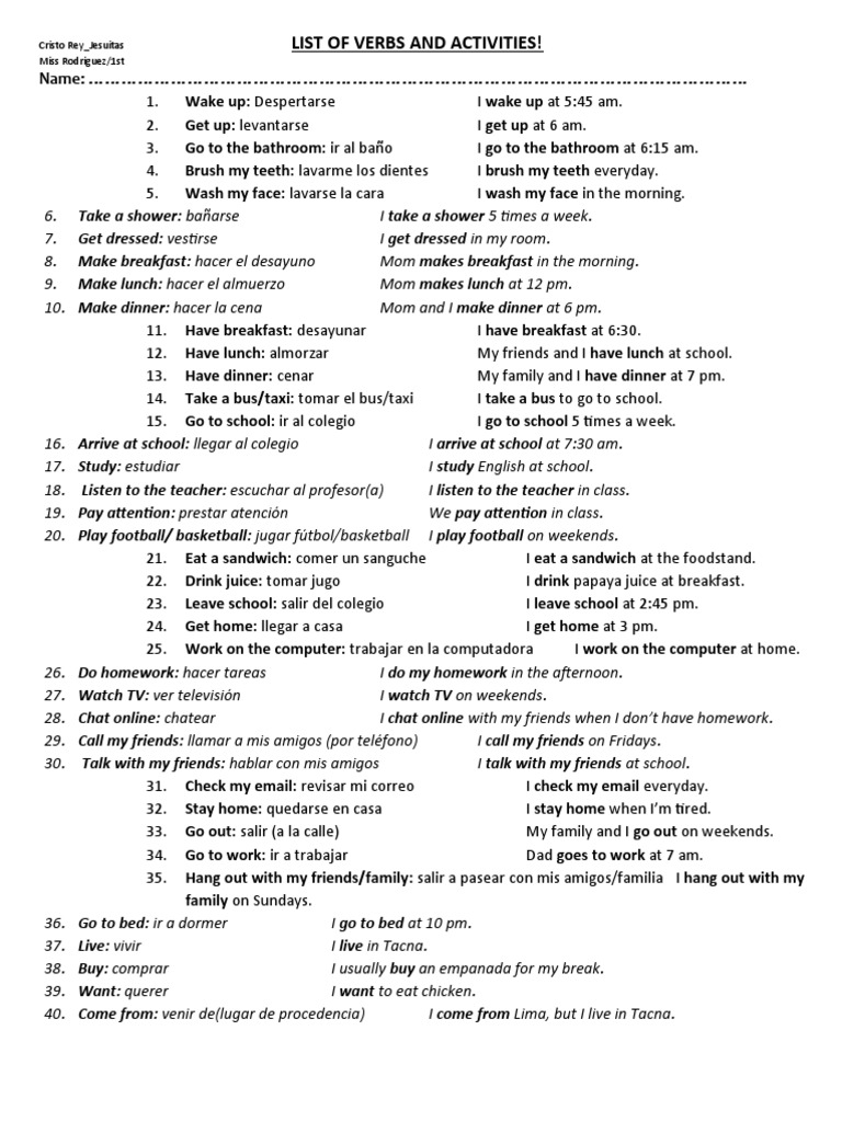 Lista de Verbos y Actividades | PDF | Food And Drink | Meal