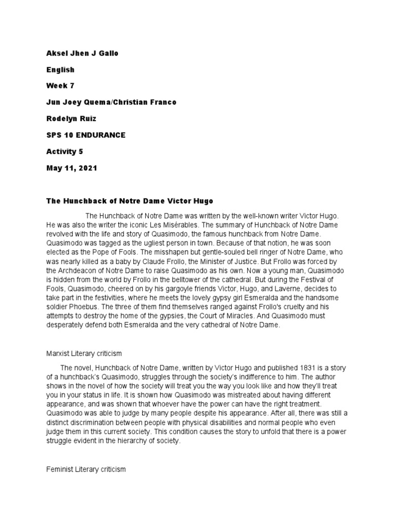 An Analysis of Victor Hugo's The Hunchback of Notre Dame Through ...