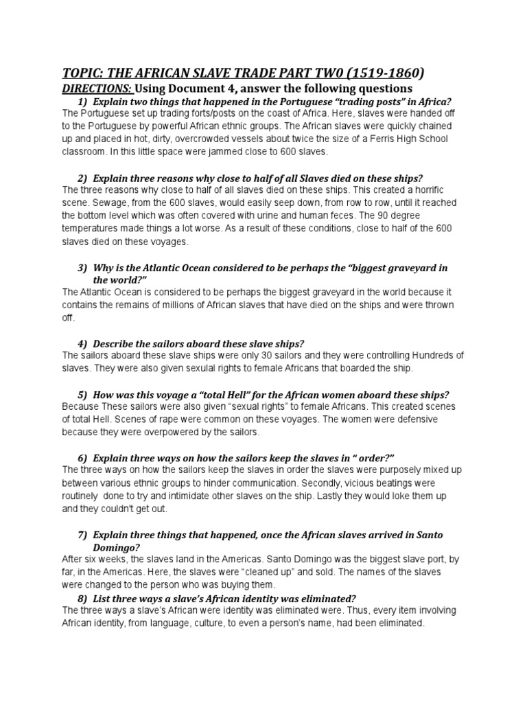 Topic: The African Slave Trade Part Tw0 (1519-1860) : DIRECTIONS: Using ...