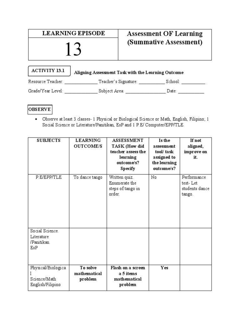 Learning Episode: Assessment OF Learning (Summative Assessment) | PDF ...