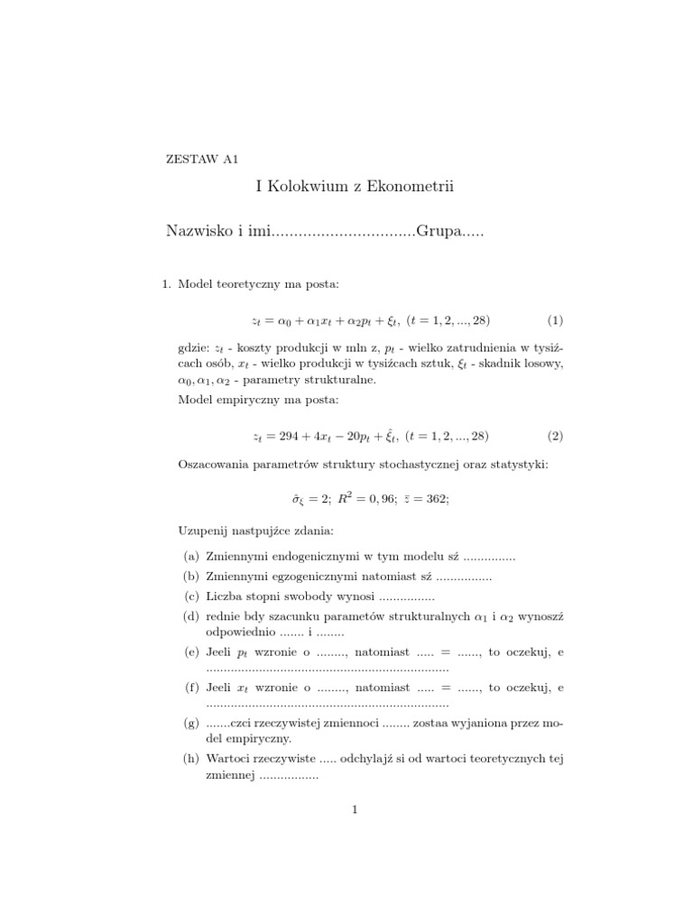Ekonometria - Kolokwium | PDF