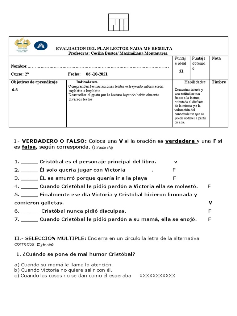 Plan Lector Nada Me Resulta - Prueba | PDF