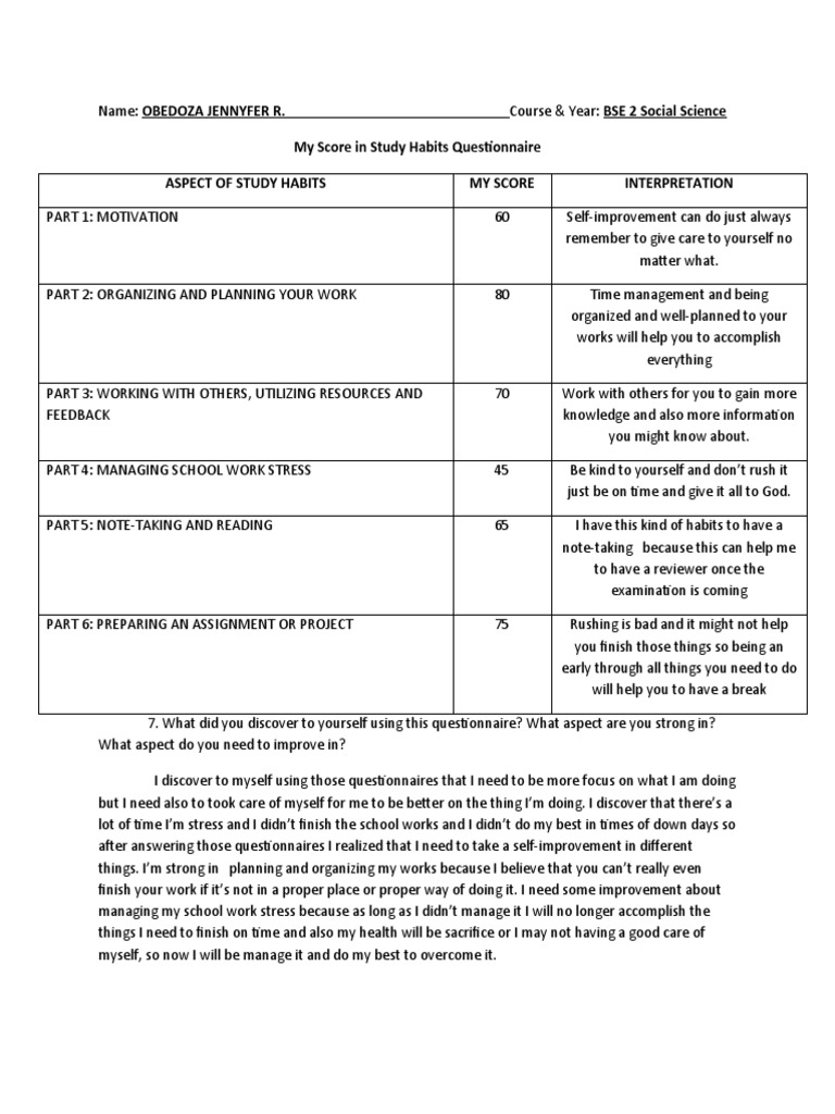 My Score in Study Habits Questionnaire Aspect of Study Habits My Score ...