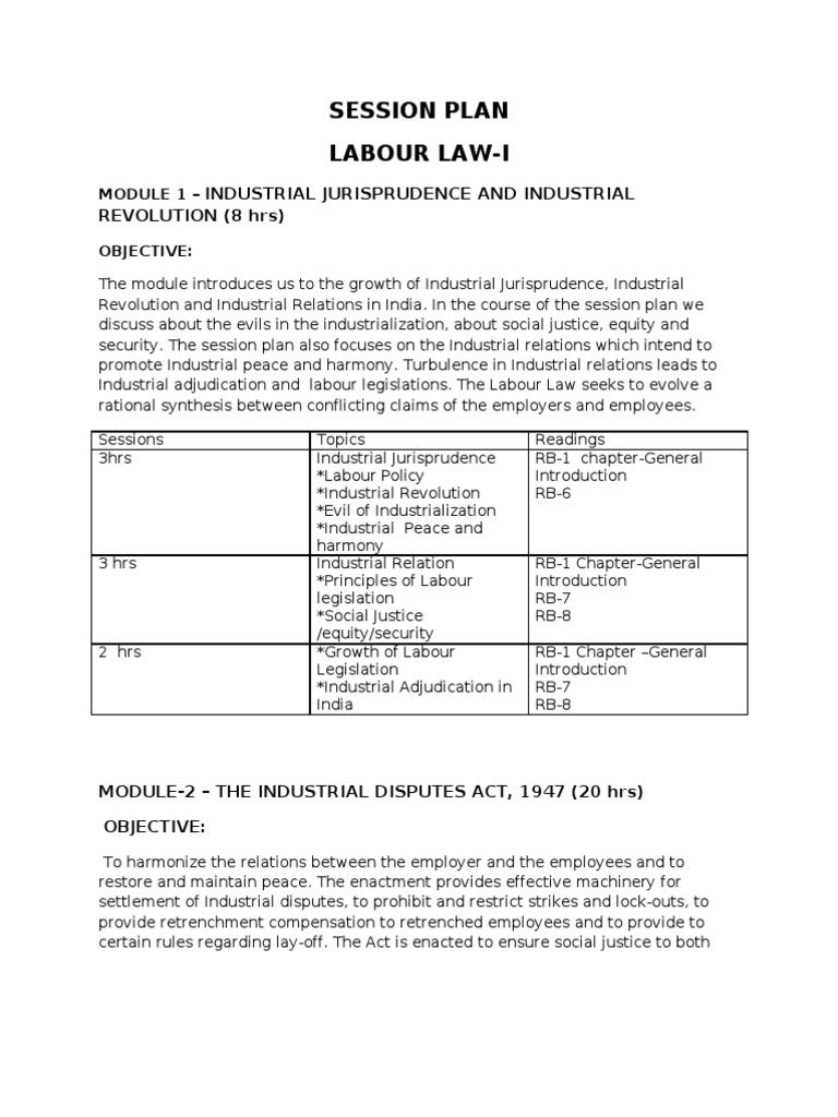 Labour Law-1Course plan | Trade Union | Employment