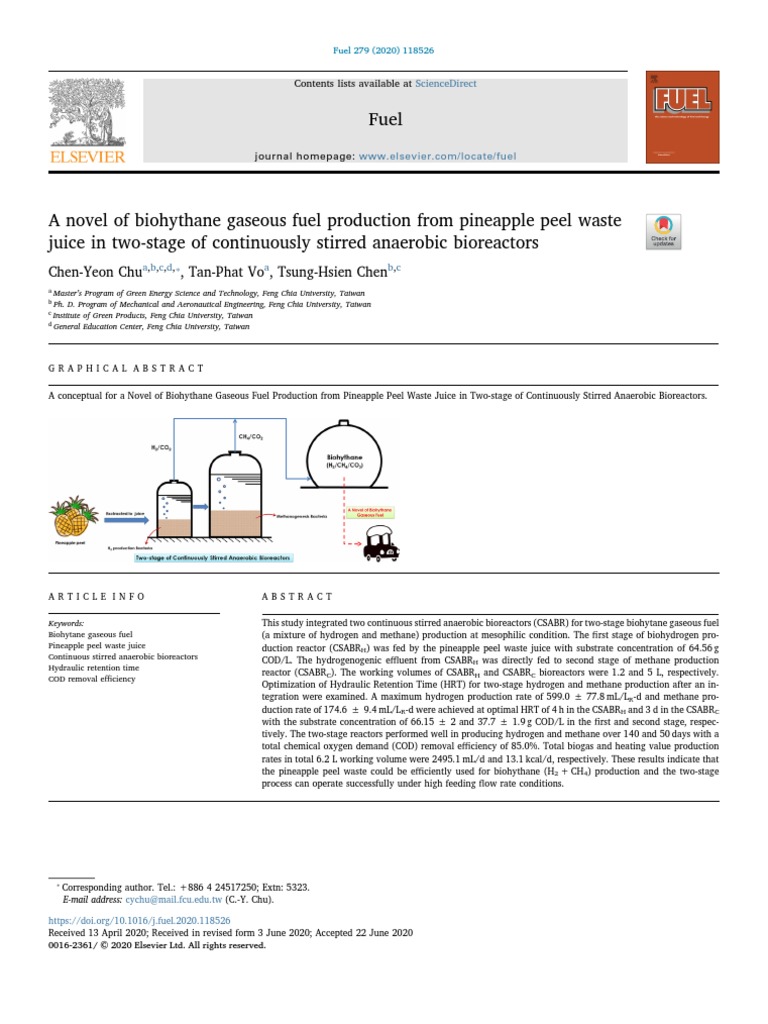 A Novel of Biohythane Gaseous Fuel Production From Pineapple Peel Waste ...