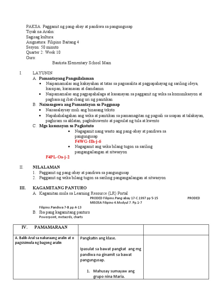 Filipino Lesson Exemplar | PDF