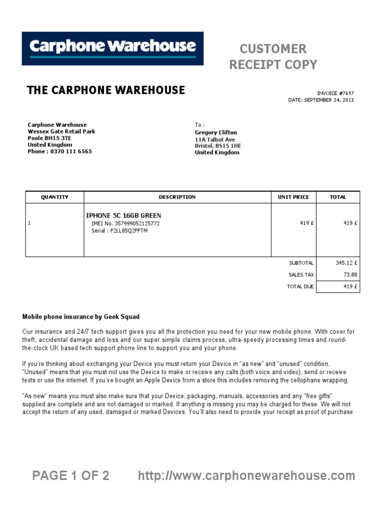 Carphone | PDF | Receipt | Mobile Phones