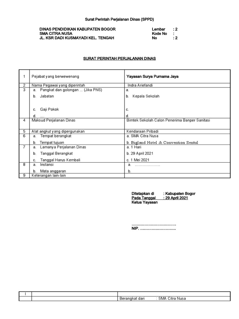 Format SPPD Surat Perintah Perjalanan Dinas Sekolah | PDF