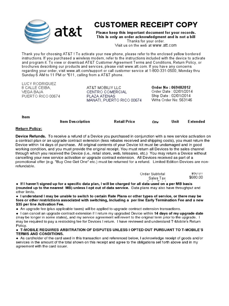 AT&T Customer Receipt Copy | PDF