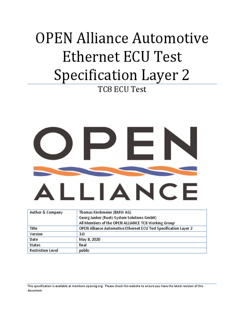 OPEN Alliance Automotive Ethernet ECU Test Specification Layer 2 | PDF ...